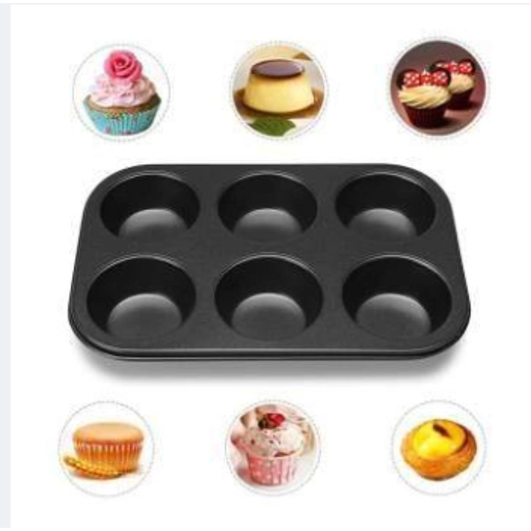 6 Round Non Stick Muffin And Mini Cupcake Mold - Black