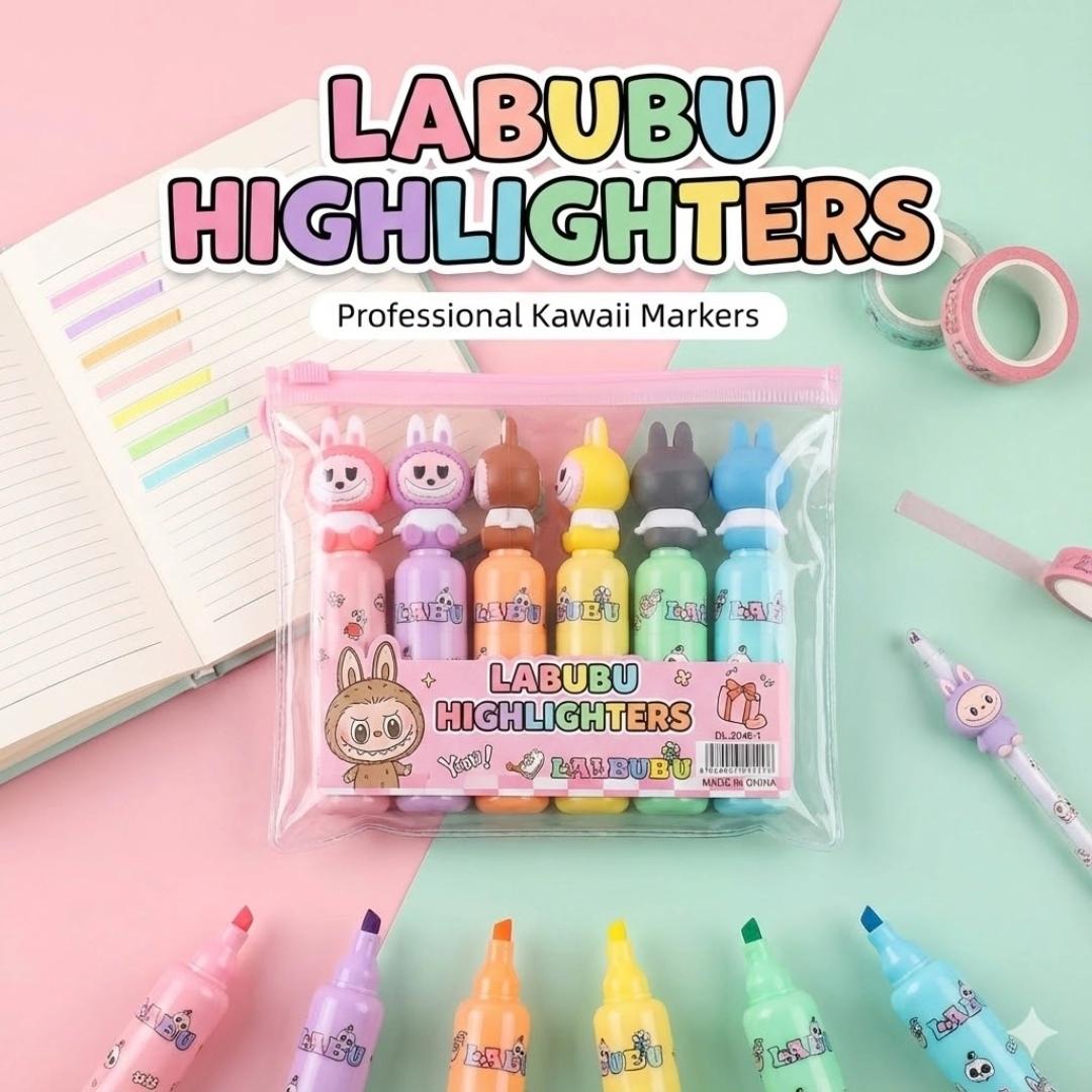 Labubu Cartoon Highlighters (Set of 6) - Cute Bottle Shaped Pastel ...