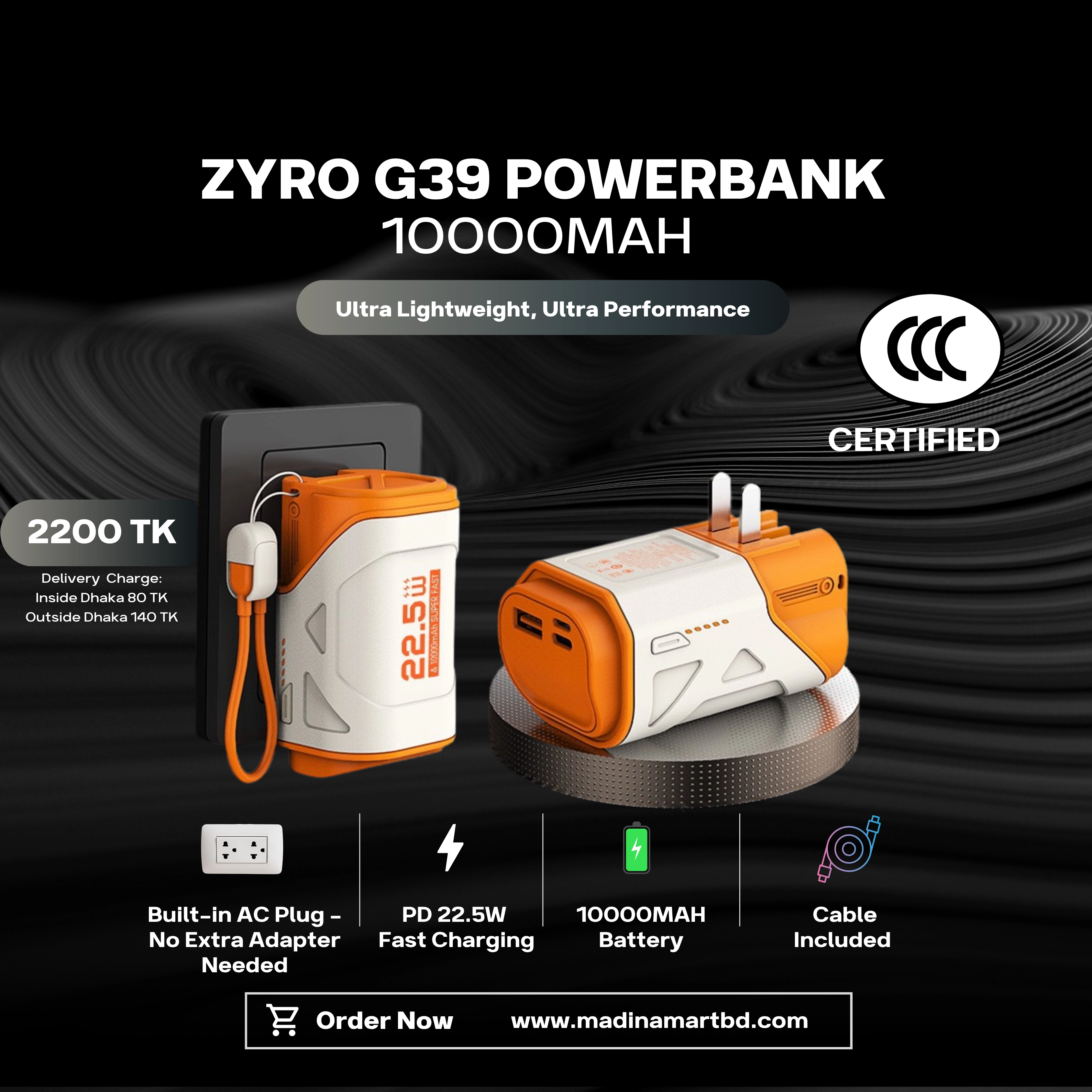 ZYRO G39 10000 mAh PowerBank | 22.5 W PD Fast Charging | Built-in AC ...