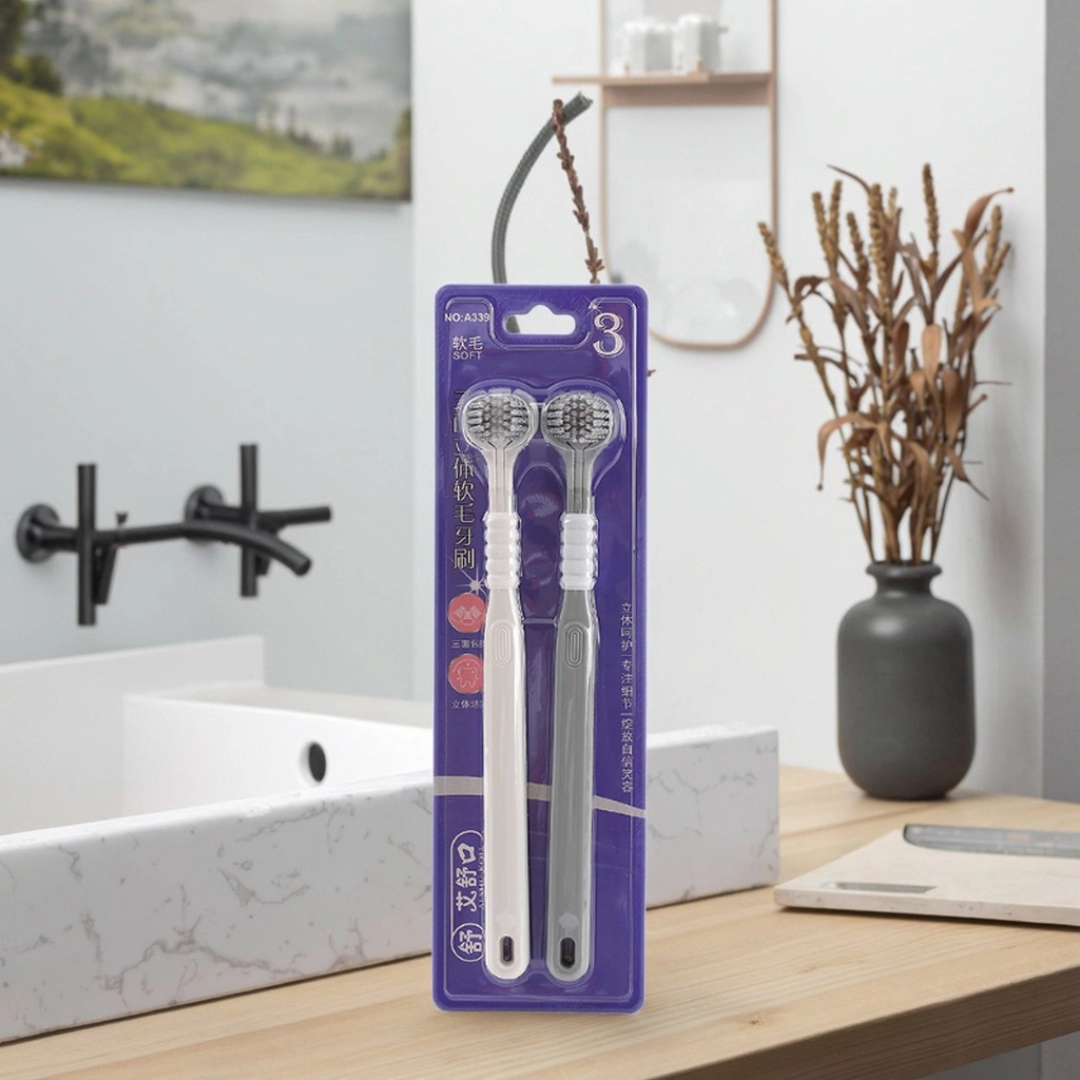 3-Sided Toothbrush (2-Piece) – Triple Cleaning Head with Tongue Scraper ...