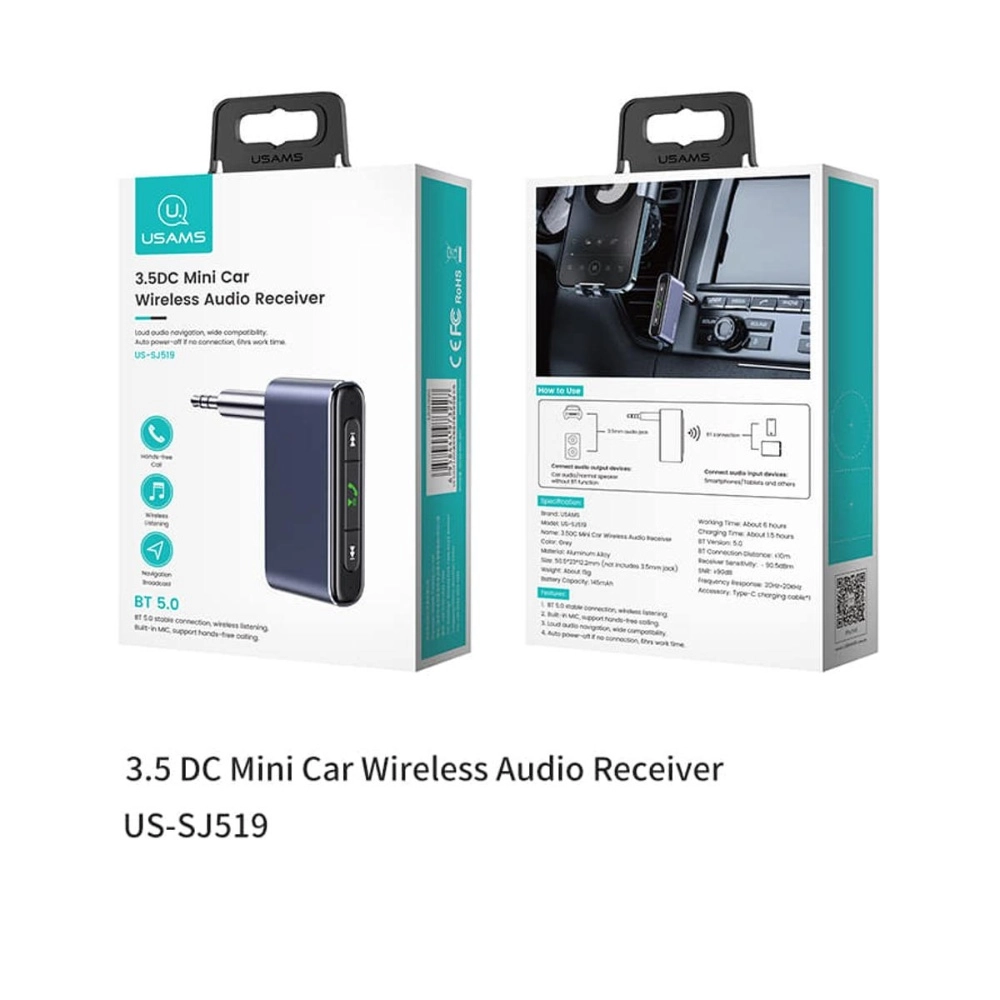Usams Us-Sj519 3.5Mm Dc Mini Car Bluetooth 5.0 Audio Receiver Aux Adapter
