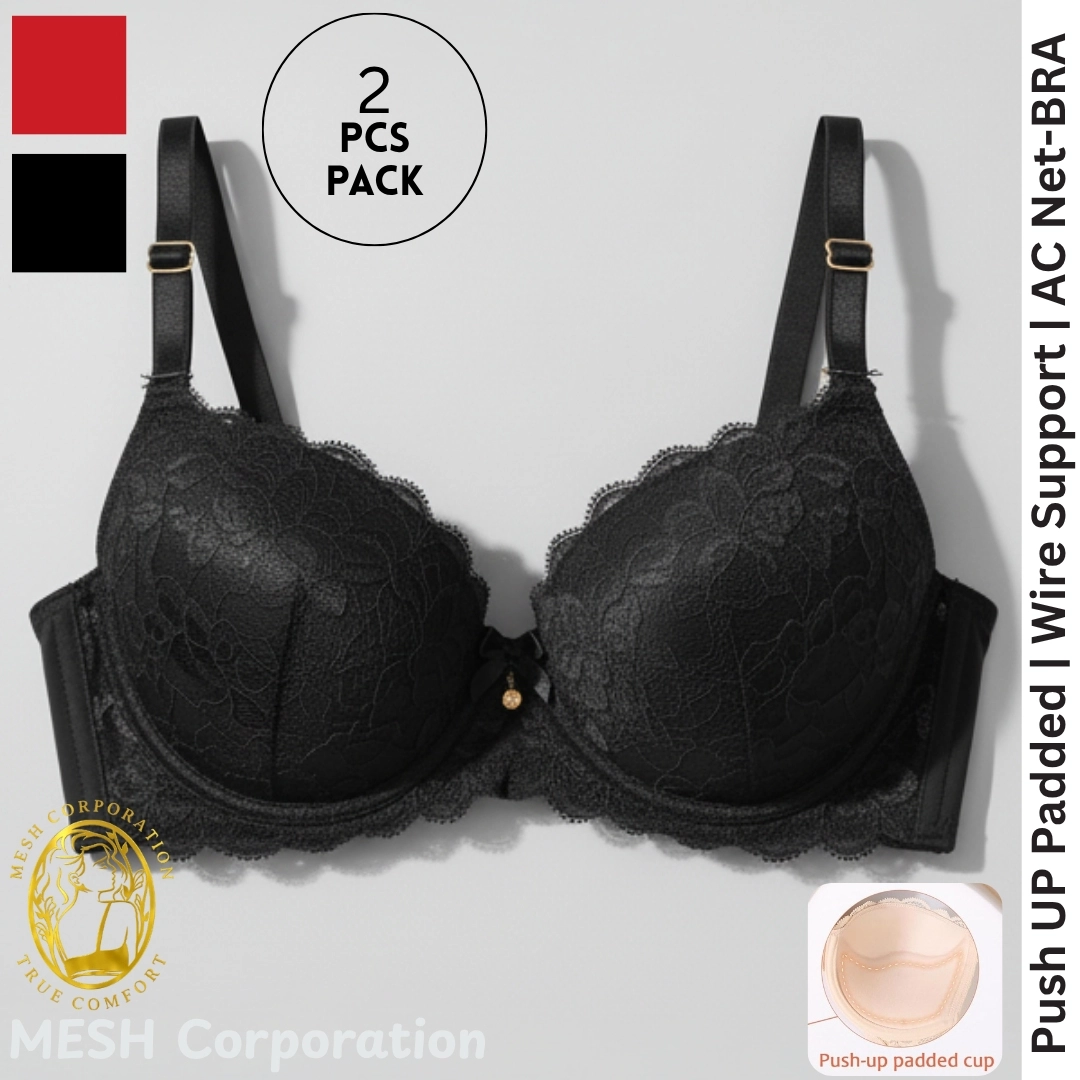 Elegant Push-Up Padded Lace Bra - 2 Pcs Combo Pack (Red, Black, Blue ...
