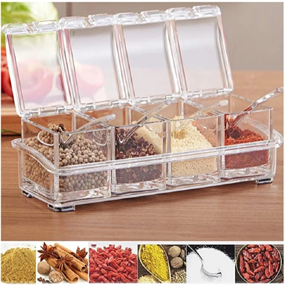 4 Grid Acrylic Seasoning Spice Box Kit with Spoon Kitchen Masala ...