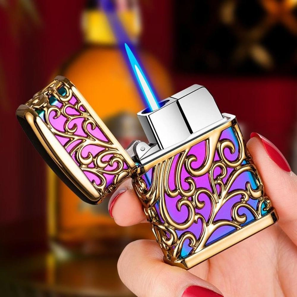 Hollow Tang Grass Golden Windproof Direct Punch Gas Lighters Relief ...