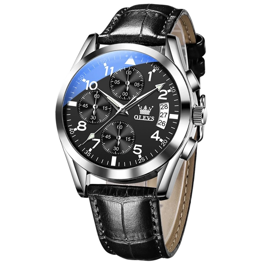 OLEVS 2878 Black PU Leather Chronograph Watch For Men - Black & Silver