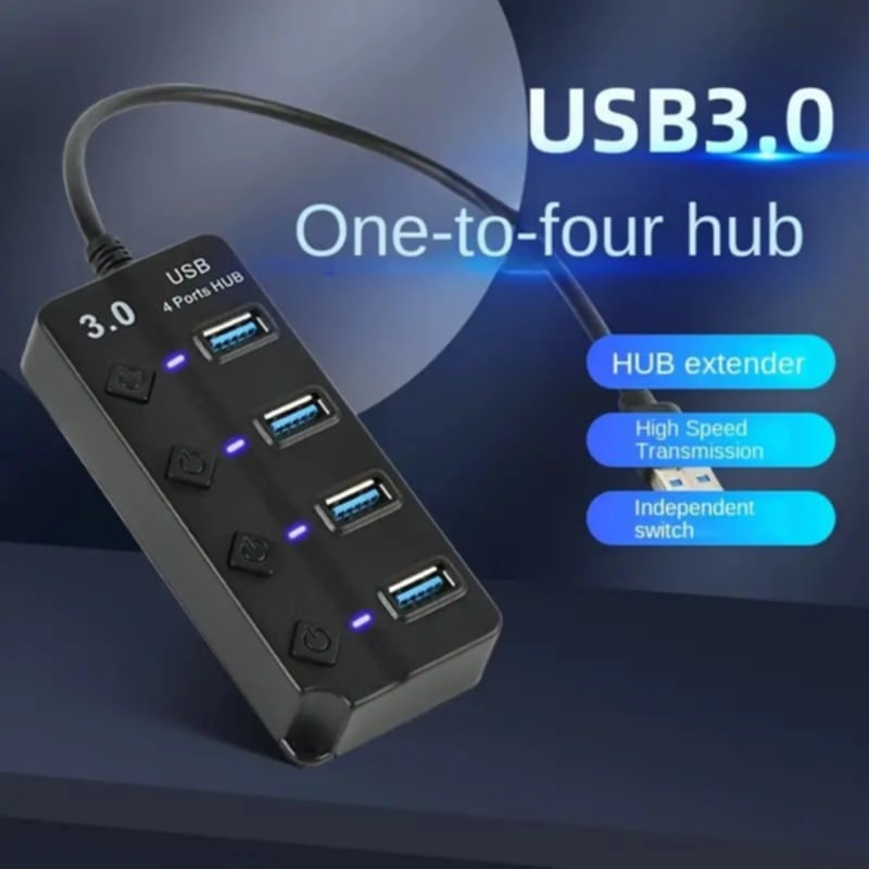 4 Ports Usb 3.0 Hub Led Usb Hub With Switch Super Speed 5Gbps - Usb Hub