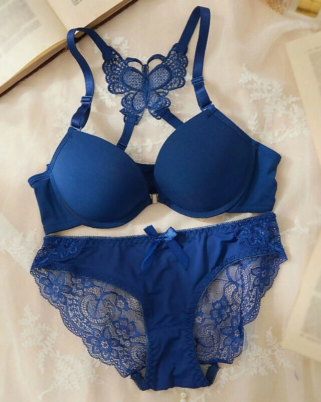 Front Open Butterfly Bra Panty Set - Navy Blue