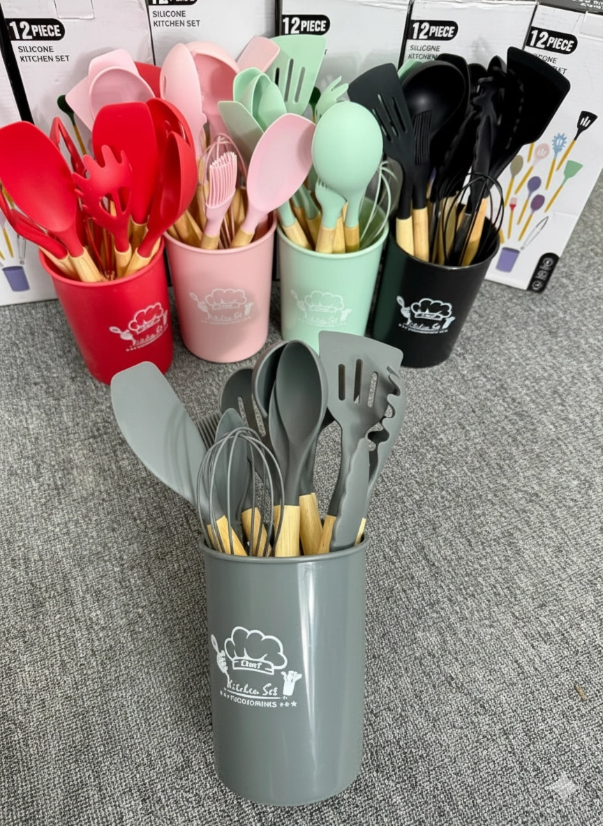12Pcs Silicone Cooking Utensils Set Wooden Handle Kitchen Cooking Tool ...