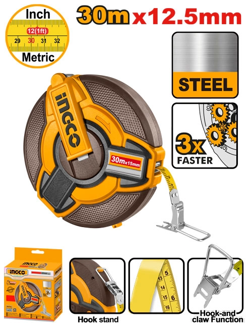 Steel measuring tape 30m -HSMT0830 - Ingco with 3x fast rewind