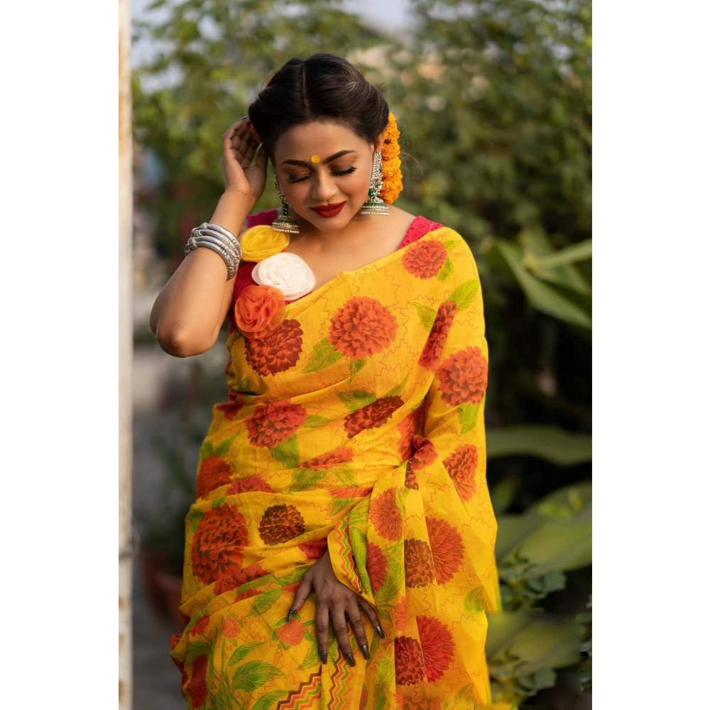 Screen Print Half Silk Saree With Blouse Piece