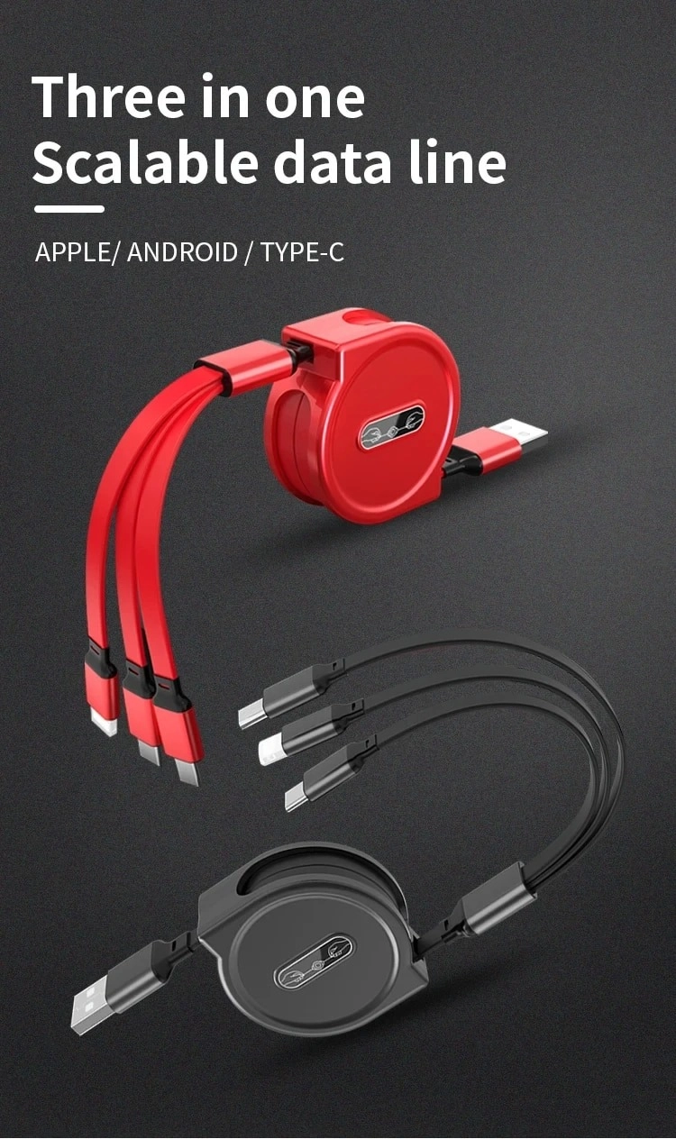 3 In 1 Retractable Data USB Cable For IOS Charger Fast Wire Charging ...