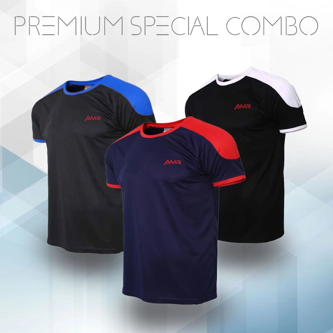 3 Pcs Premium Quality AMR Brand Mesh Fabric Contest Color T-Shirt T3-5