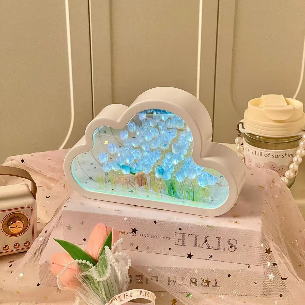Handmade Tulip Cloud Night Light with Infinite Reflection a transparent ...