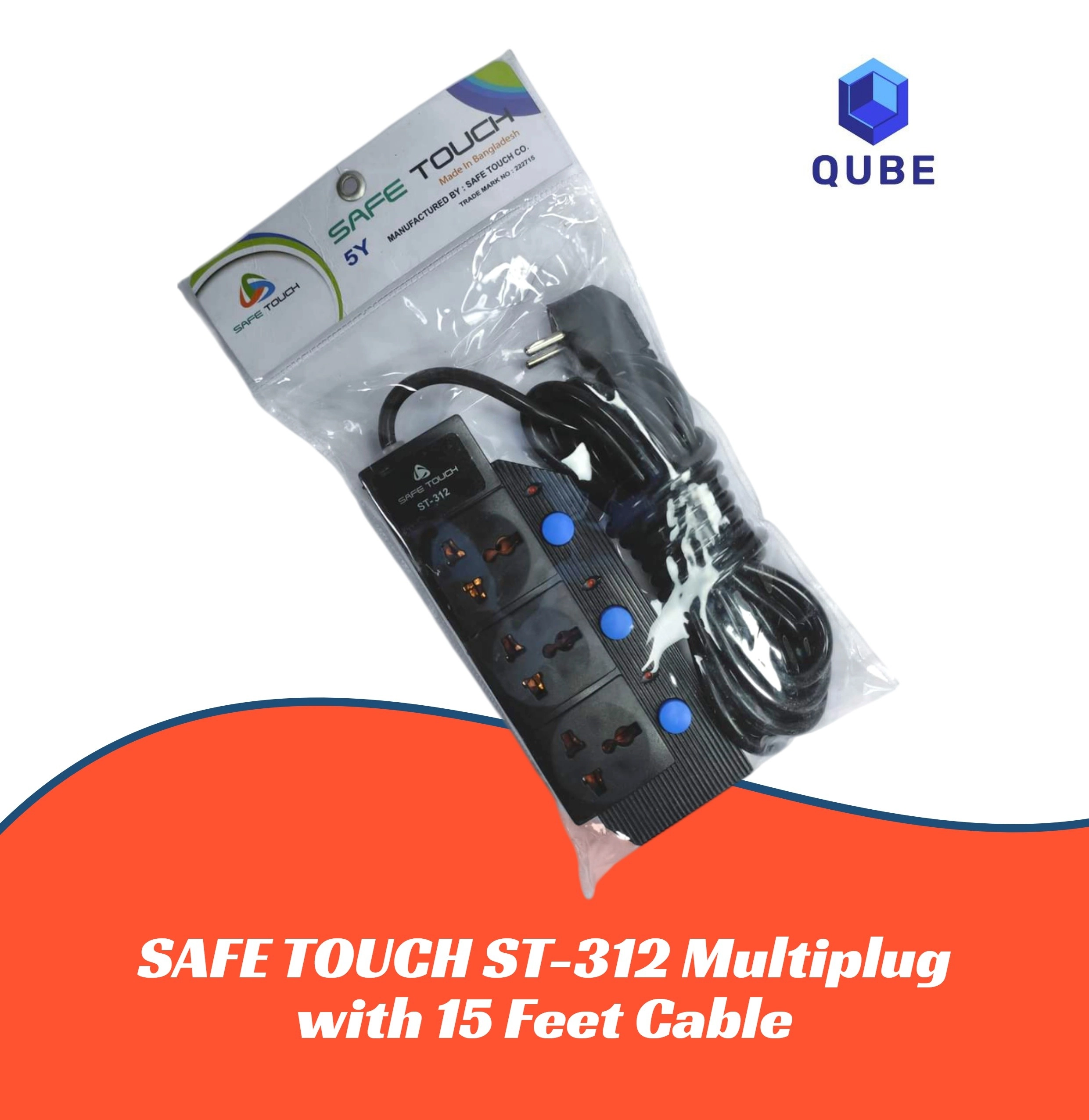 SAFE TOUCH ST-312 Multiplug 3 Port Extention Socket With 15 Feet Cable