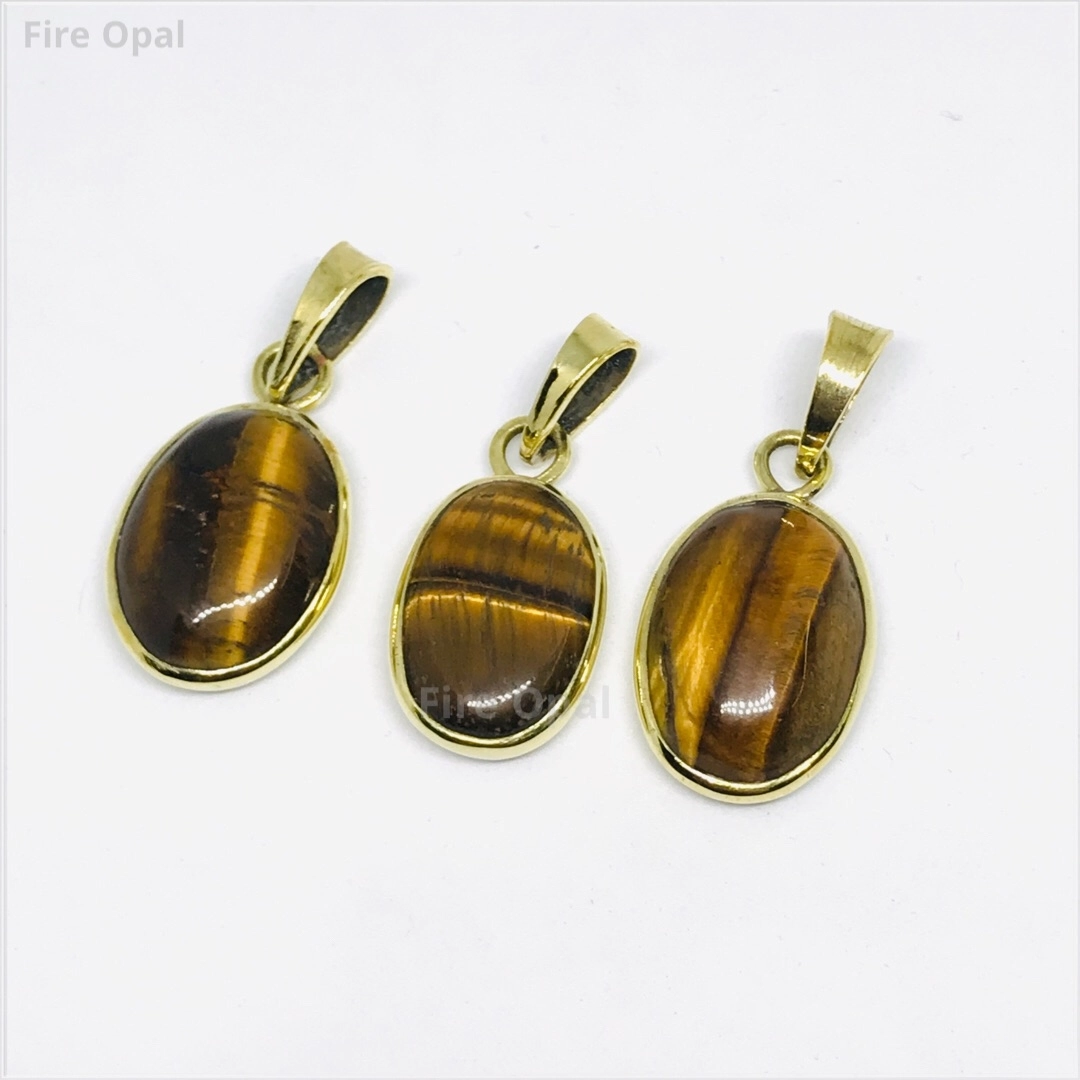 Natural Tiger Eye Locket For Men Woman / Golden Color Metal / Ruff Usable