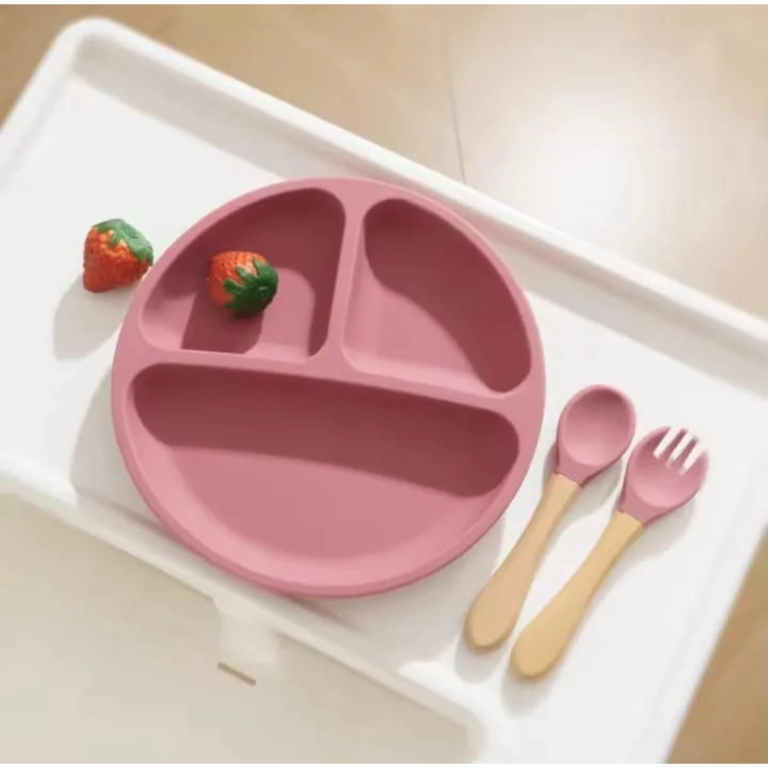 Feeding Set Silicone Dinner Plate Wood Handle Spoon Fork BPA Free Baby Training Tableware 100% ...