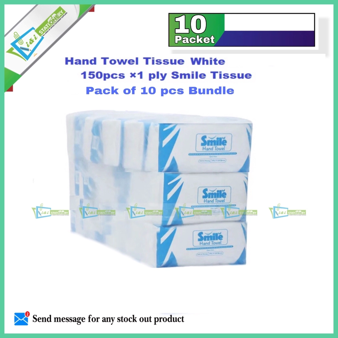 Smile Hand Towel Tissue - White-150pcs ×1 ply Tissue pack of 10 packets