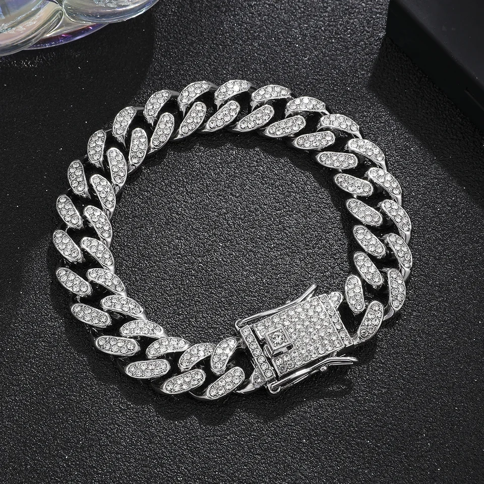 Cuban Chain Bracelet For Men Women Bling 2 Row Rhinestone Prong Cuban ...