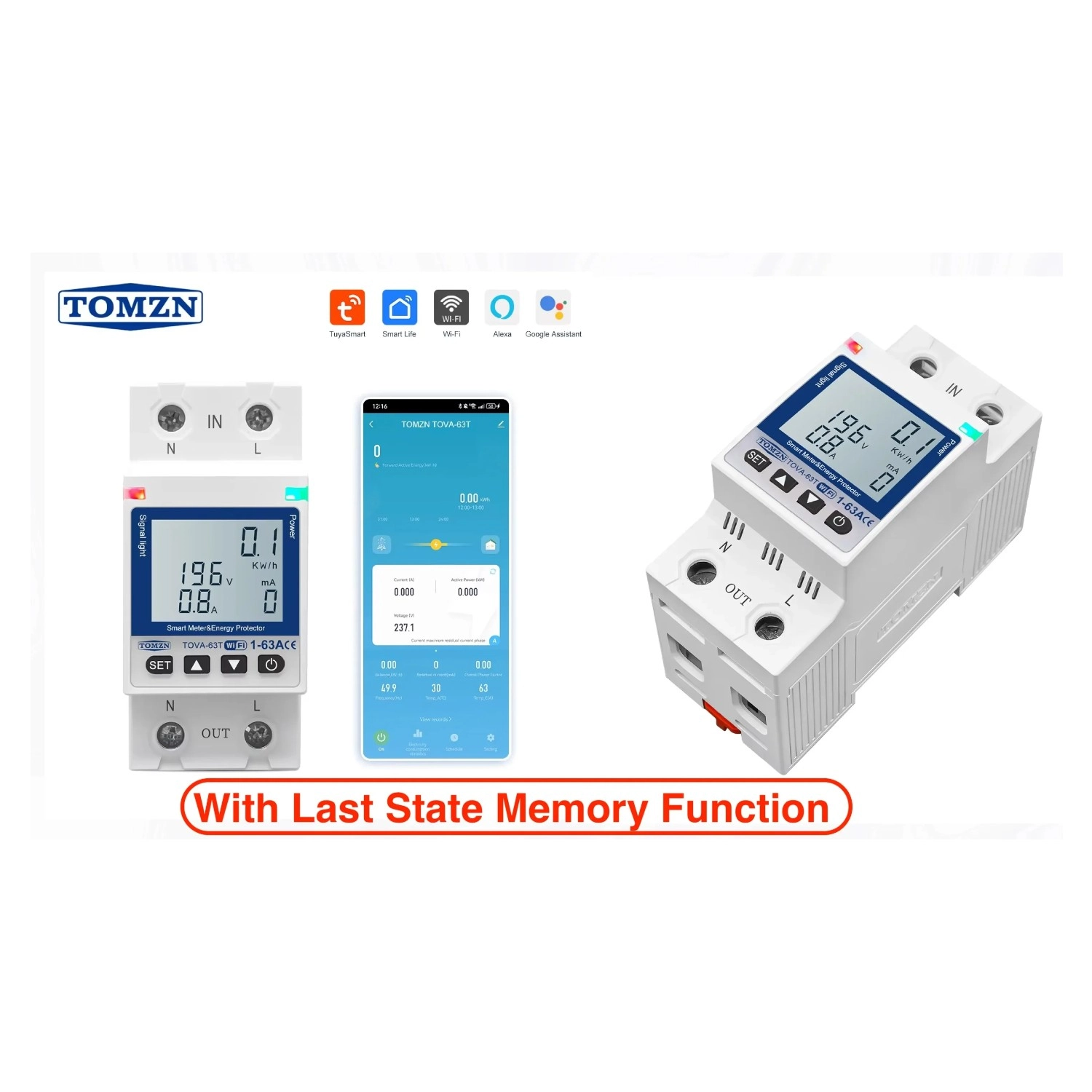 TOMZN TOVA-63T WIFI Circuit Breaker 63A Energy Meter, Timer, Voltage ...