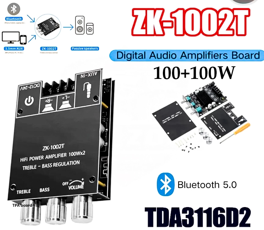 ZK-1002T Amplifier 100W+100W Power Amplifier Board, TPA3116D2 Chip with ...